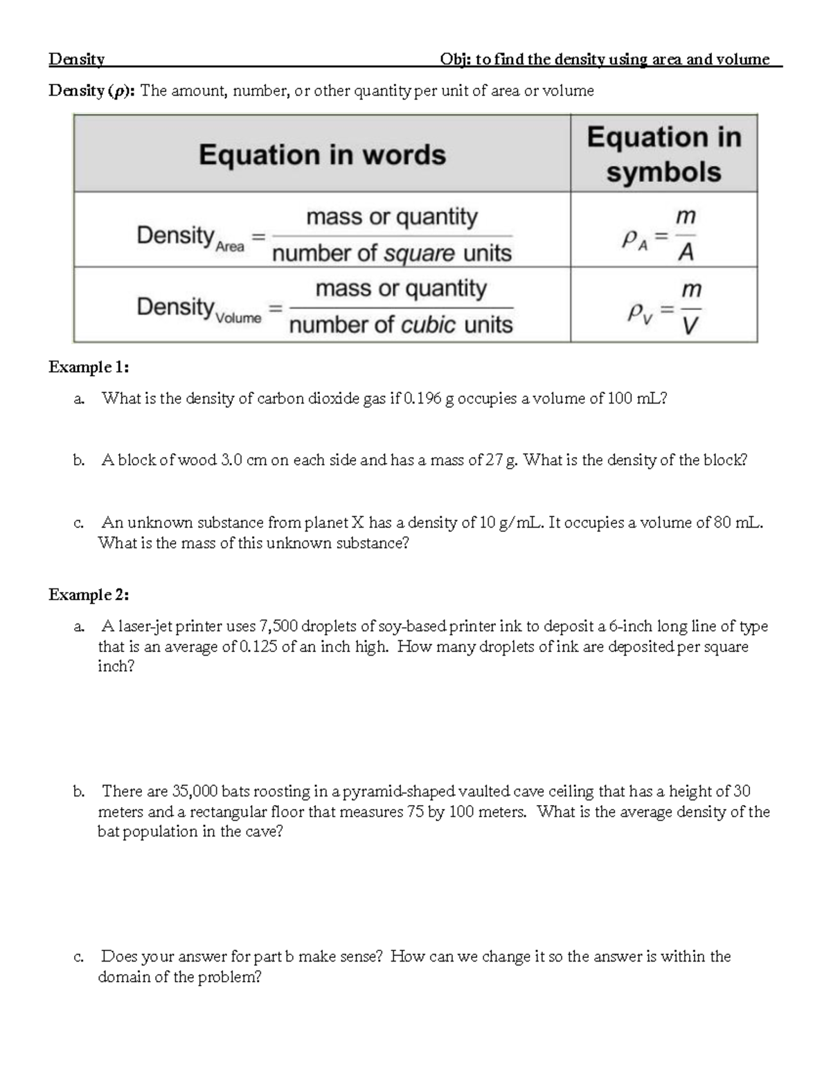 3.5 - Density Notes: Calculating Density from Area & Volume - Studocu