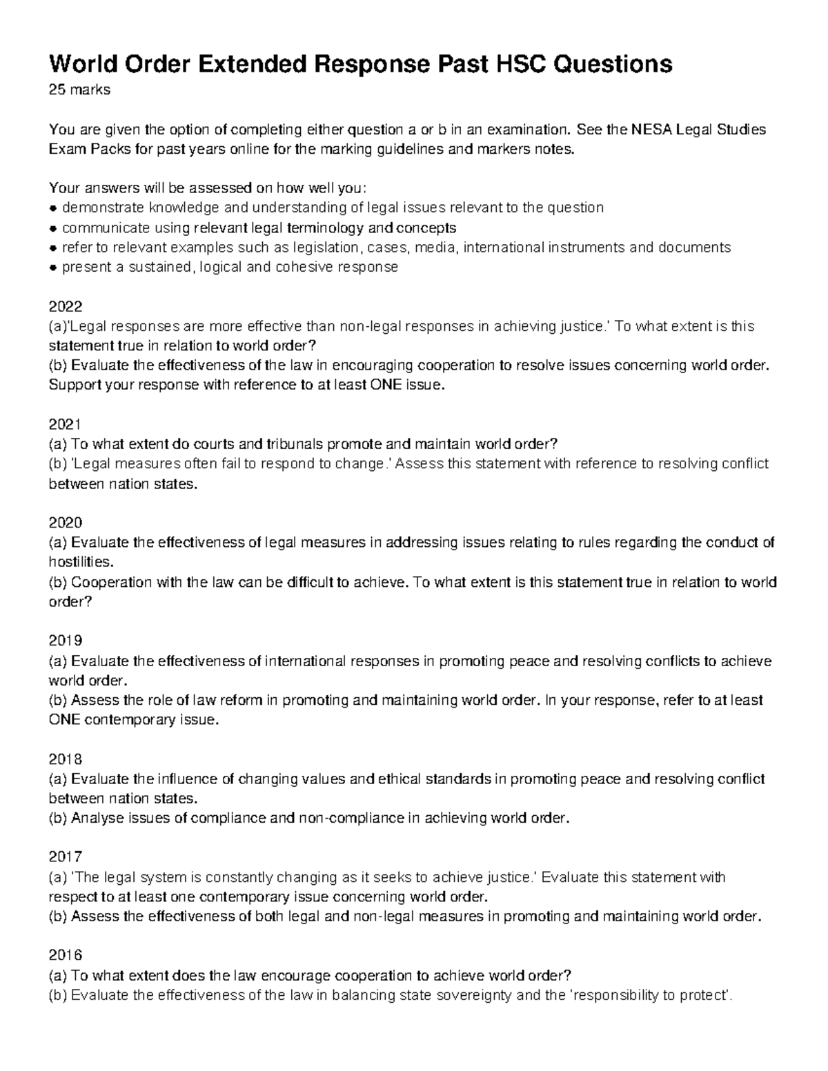 World Order HSC Question Bank: Past Exams from 2011 to 2022 - Studocu