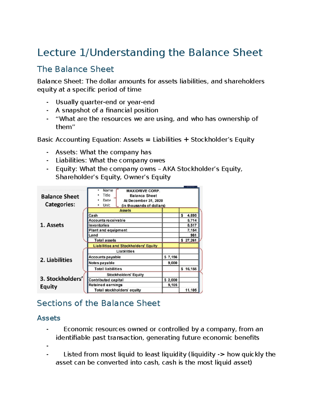 COMM 111 Lecture Notes: Understanding the Balance Sheet and Financial ...