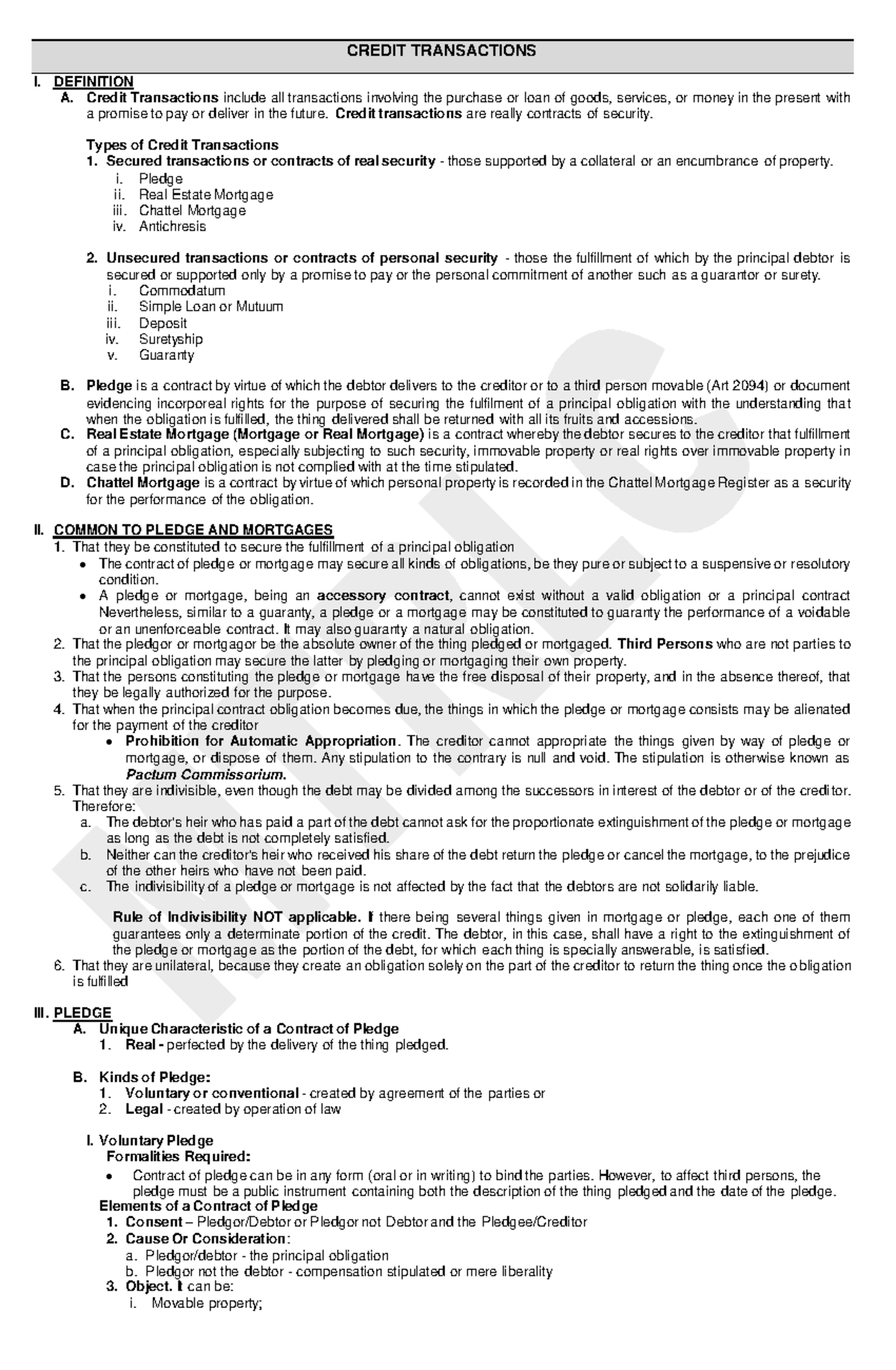 CREDIT TRANSACTIONS: PLEDGE, MORTGAGE & CHATTEL MORTGAGE NOTES - Studocu