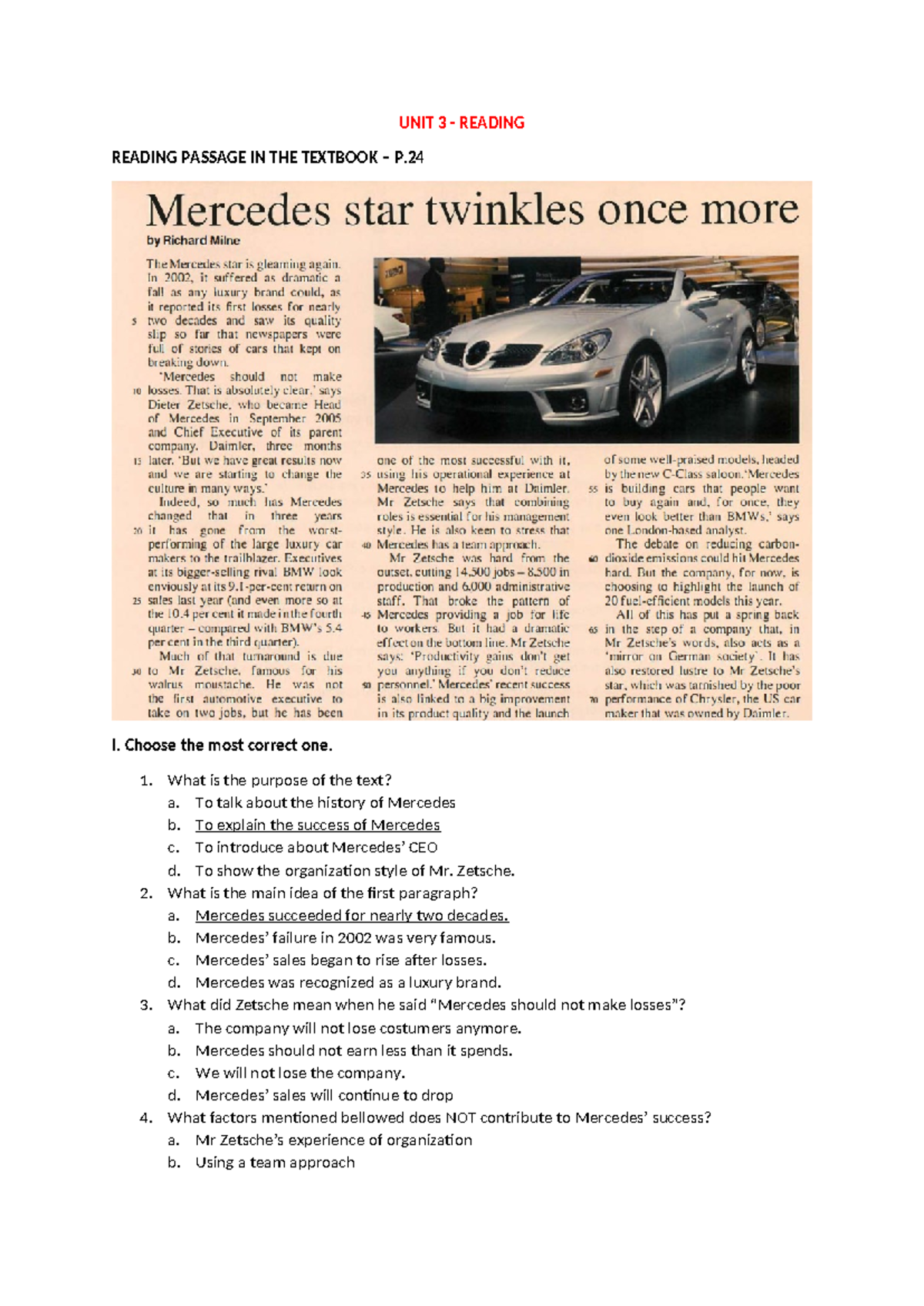 UNIT 3 - READING Exercises on Mercedes Success Analysis - Studocu