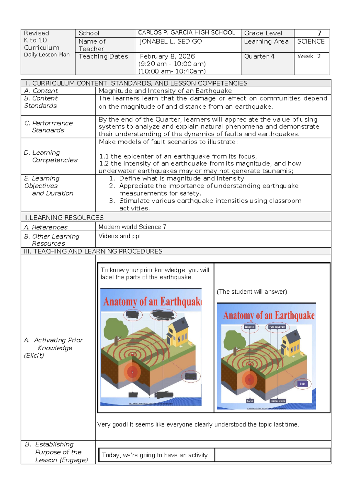 S10-Q2-DLL: Daily Lesson Plan on Earthquake Magnitude & Intensity - Studocu