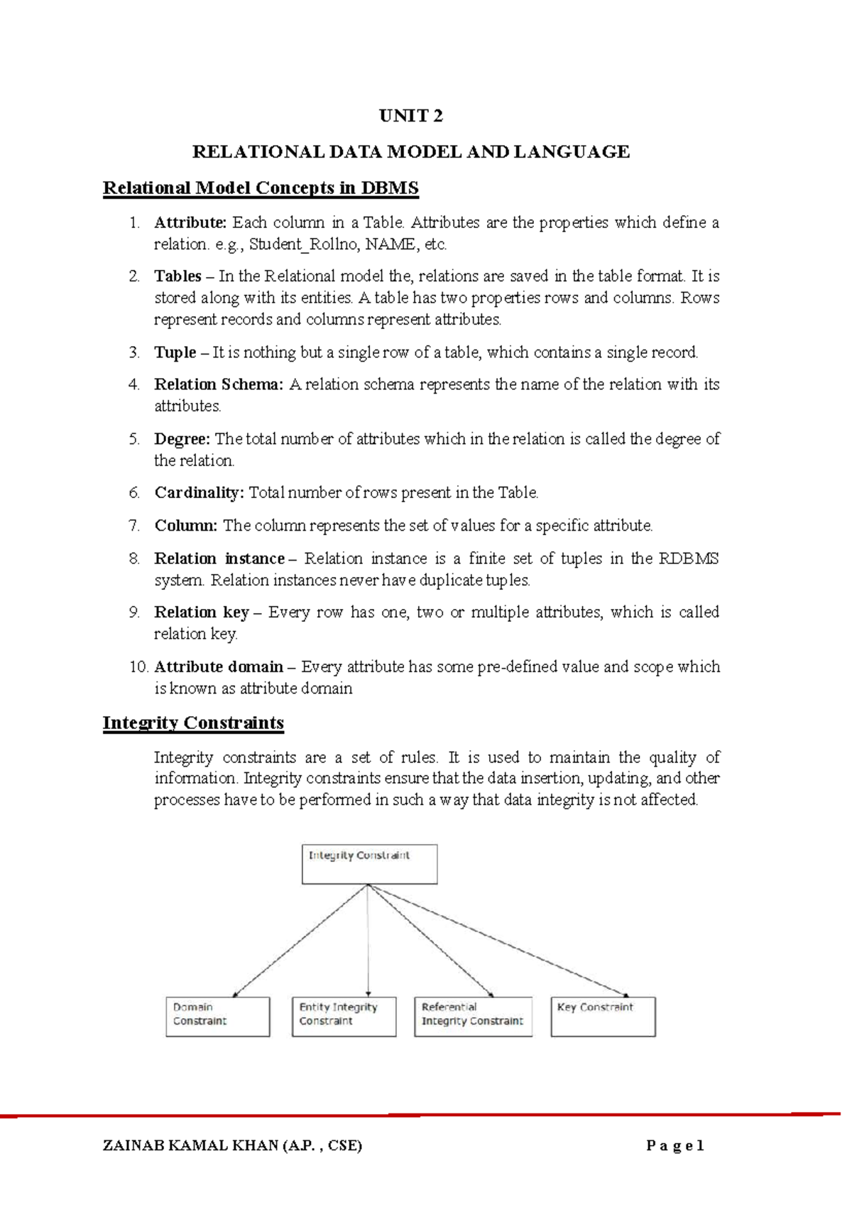 DBMS CSE Unit 2: Relational Data Model Concepts and SQL - Studocu