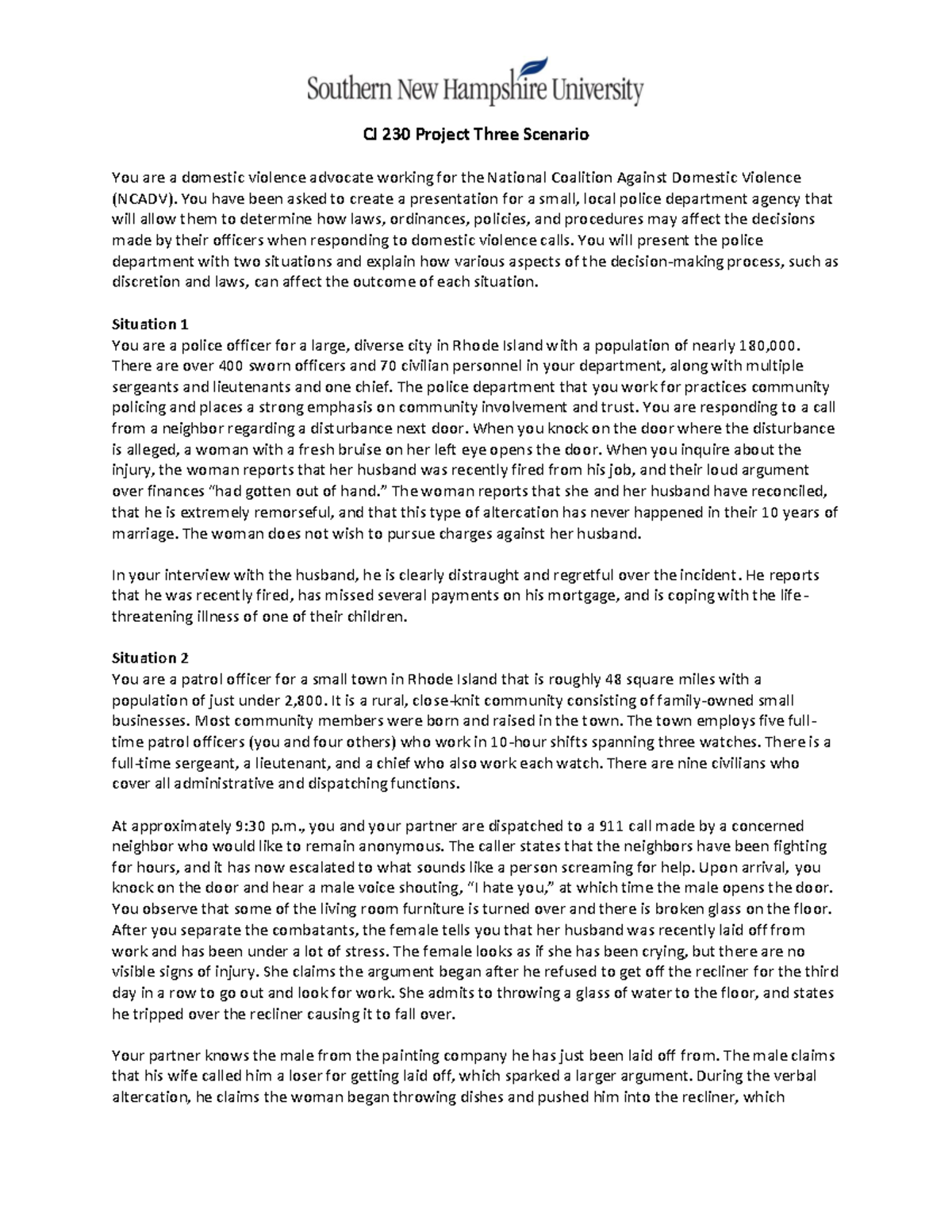 CJ 230 Project Three: Analyzing Domestic Violence Response Scenarios ...