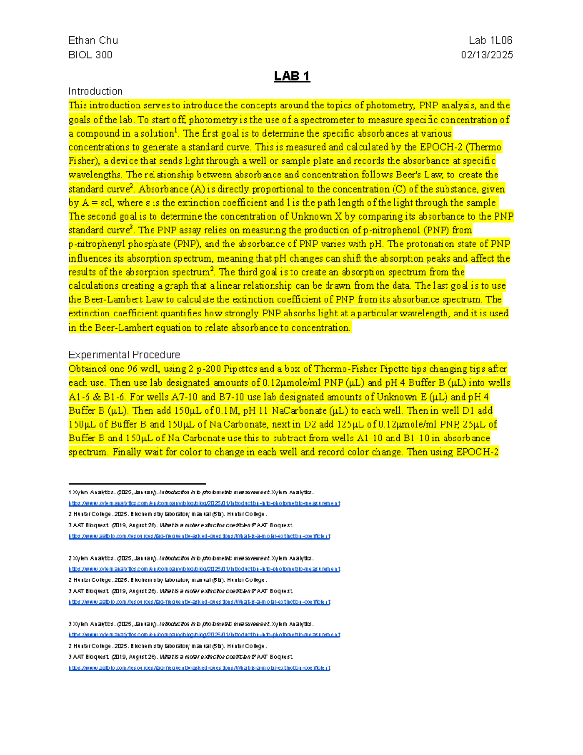 Ethan BIOL 1L06 Lab Report 1: Photometry & PNP Analysis - Studocu