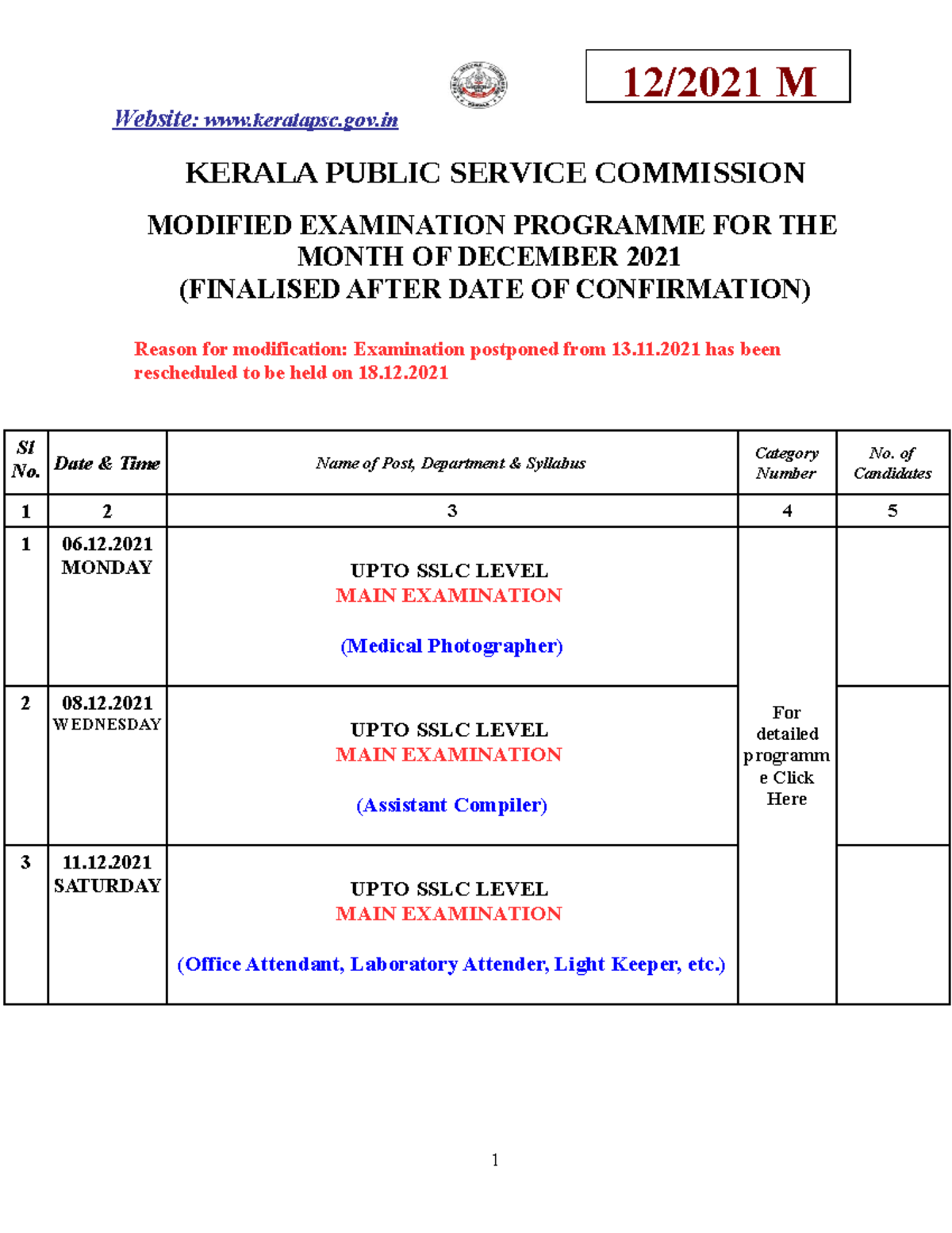 KERALA PSC Modified Exam Schedule for December 2021 - Studocu