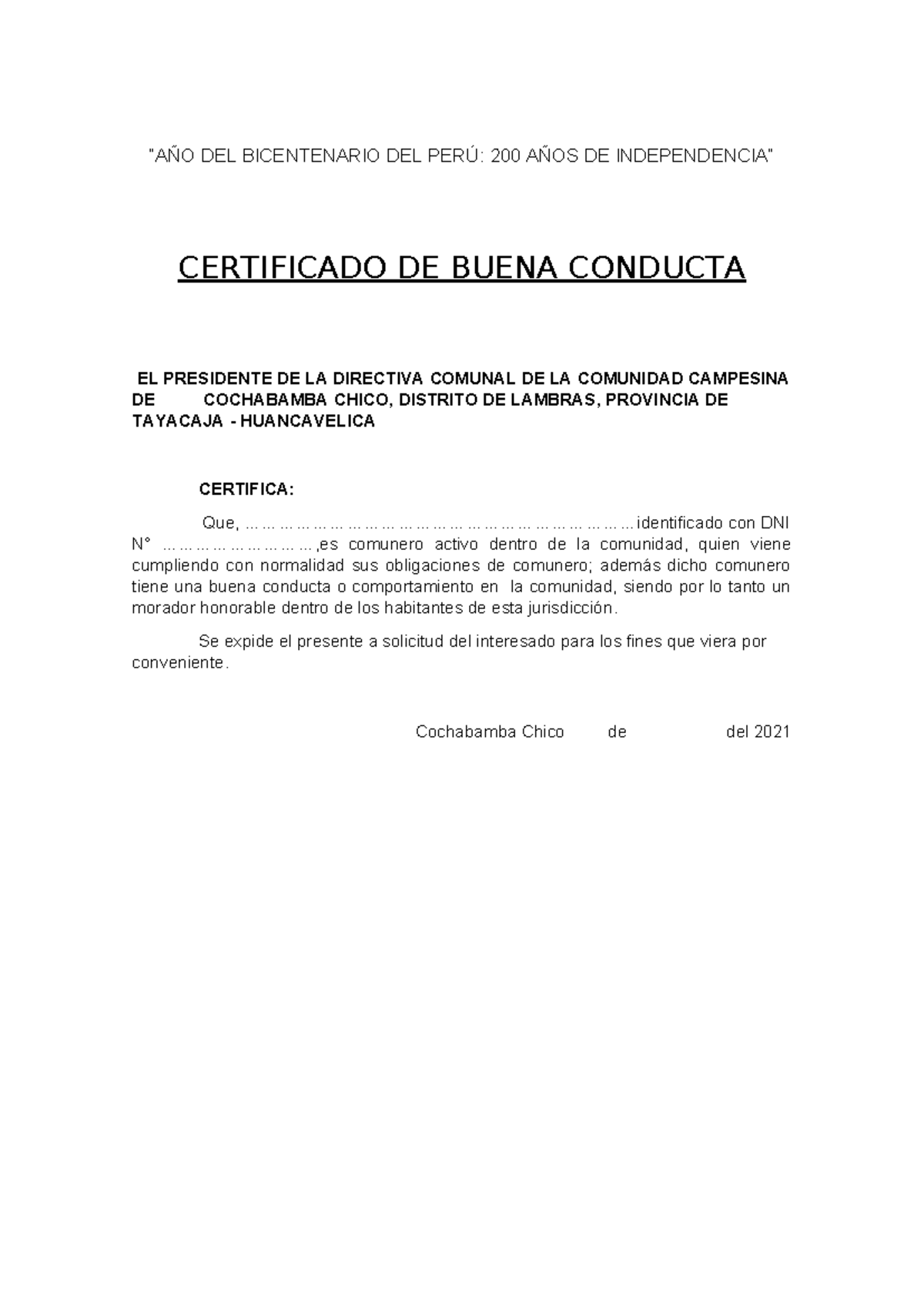 Certificado de buena conducta - “AÑO DEL BICENTENARIO DEL PERÚ: 200 ...