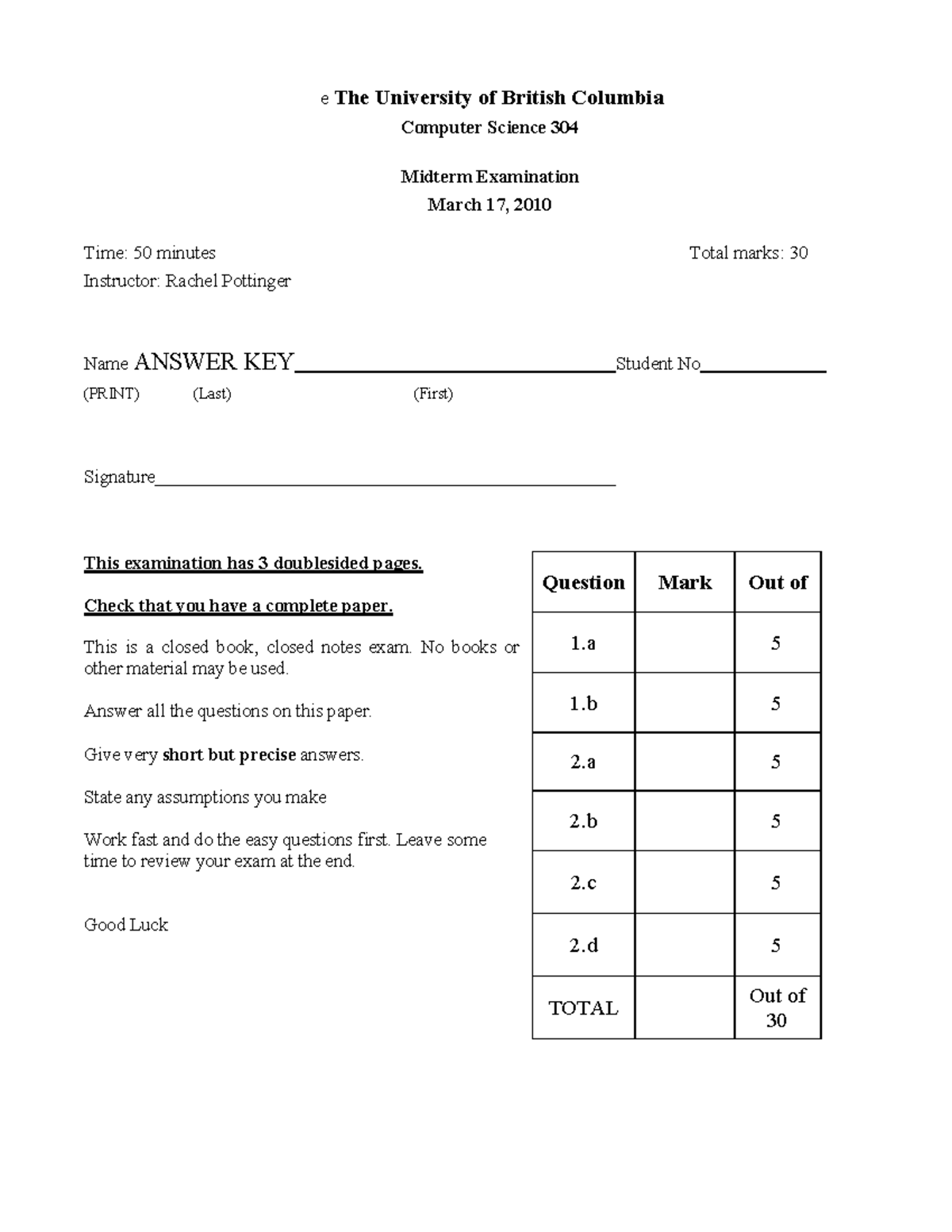 CS 304 Midterm Exam Answer Key - March 17, 2010 - Studocu