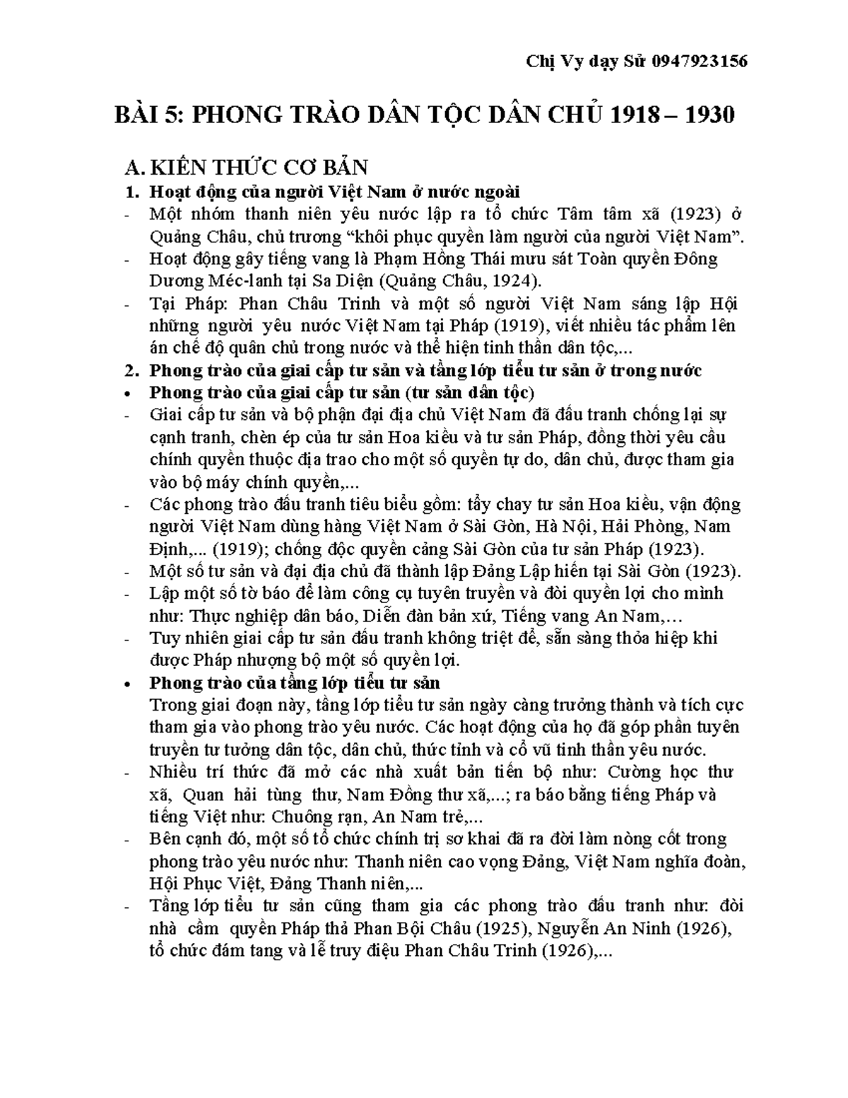 BÀI 5: PHONG TRÀO DÂN TỘC DÂN CHỦ 1918-1930 - Lịch sử 0947923156 - Studocu