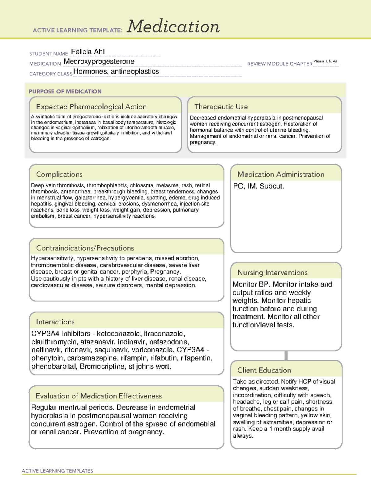 Medroxyprogesterone Drug Cards - Active Learning Template Ch. 46 - Studocu