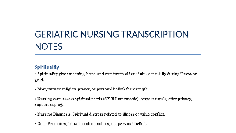 GERIATRIC NURSING TRANSCRIPTION NOTES: Spirituality & Care Strategies ...