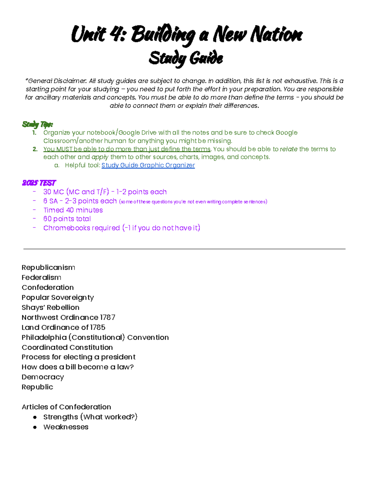 Unit 4: Building a New Nation Study Guide for 2025 TEST - Unit 4 ...