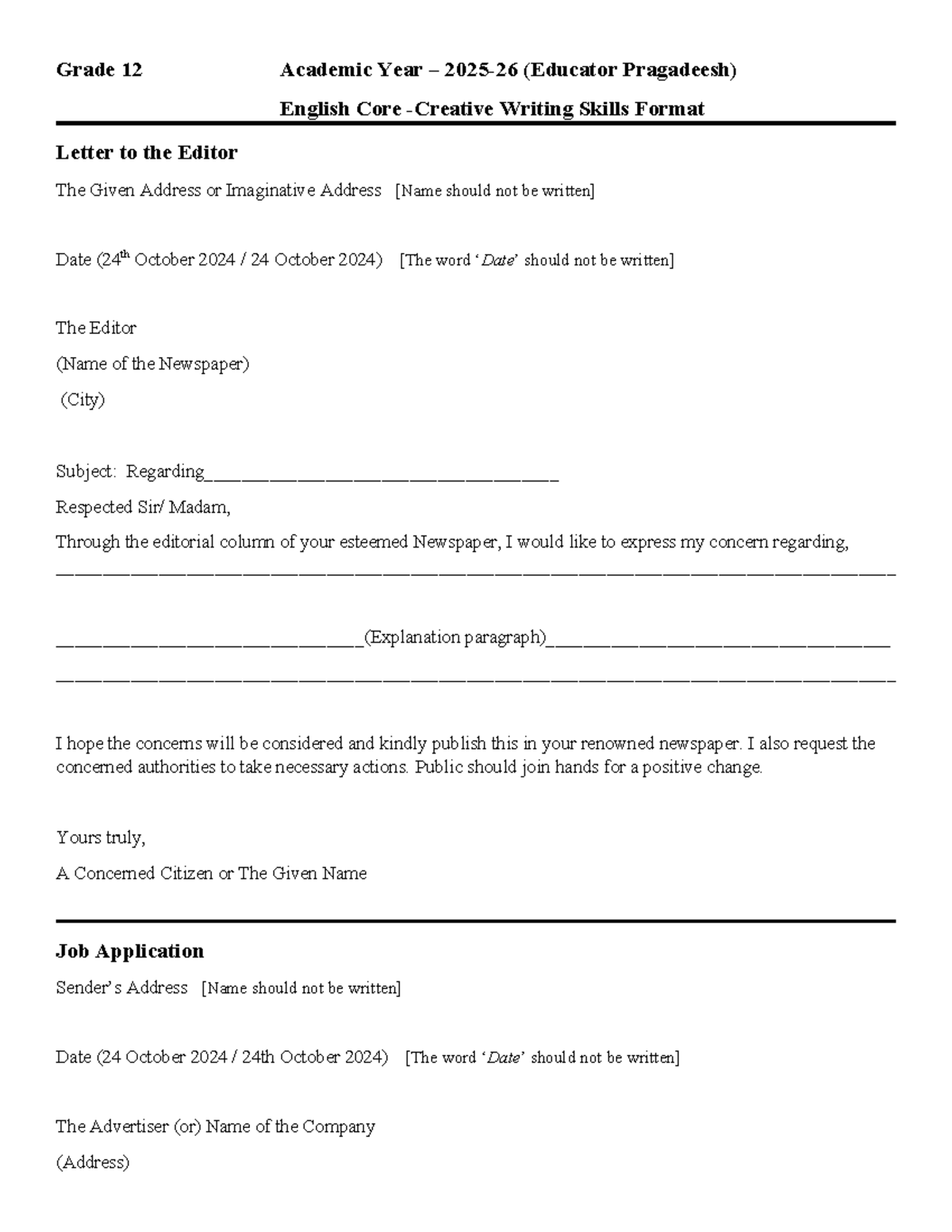 Grade 12 English Core Writing Skills: Creative Writing Format 2025-26 ...