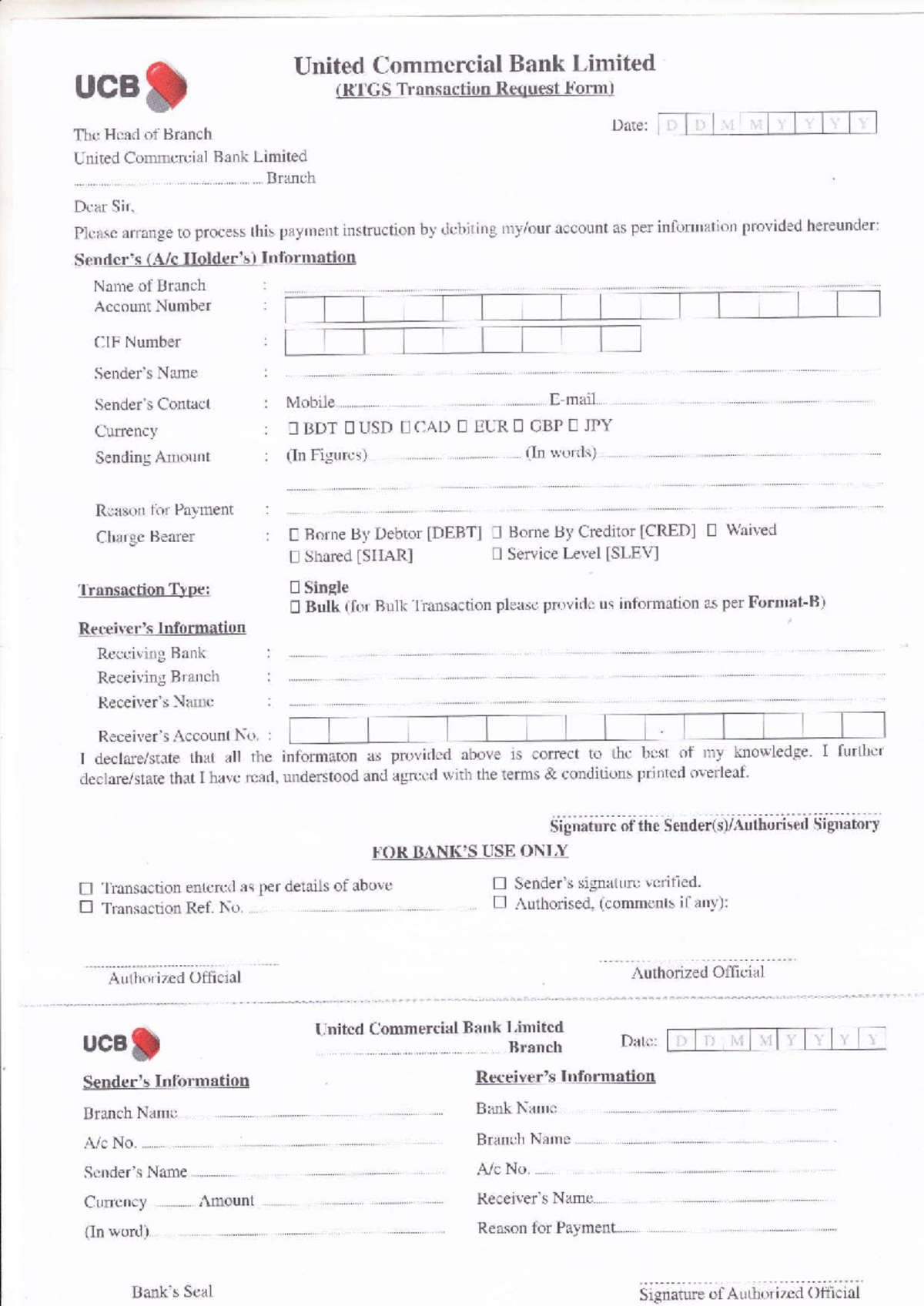 RTGS Transaction Request Form - United Commercial Bank - Studocu
