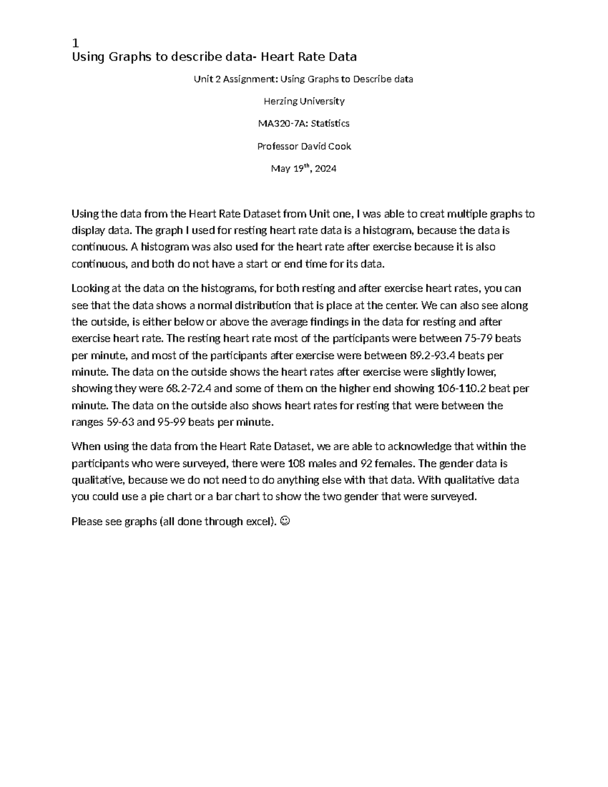 Unit 2 - stats work - 1 Using Graphs to describe data- Heart Rate Data ...