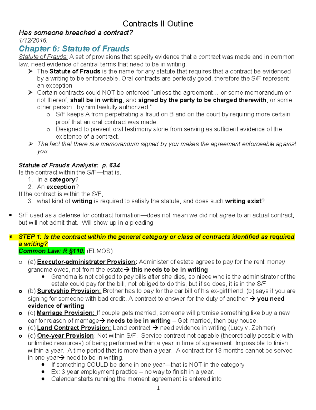 Contracts II Outline: Chapter 6-8 Analysis of Breach & Statute of Frauds - Studocu