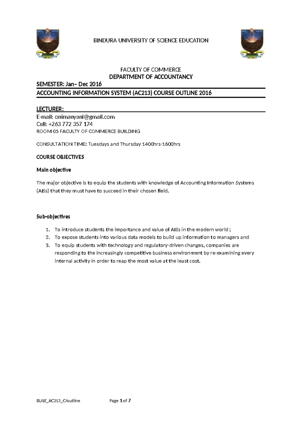 AIS AC213 Course Outline - Accounting Information Systems 2016 - Studocu