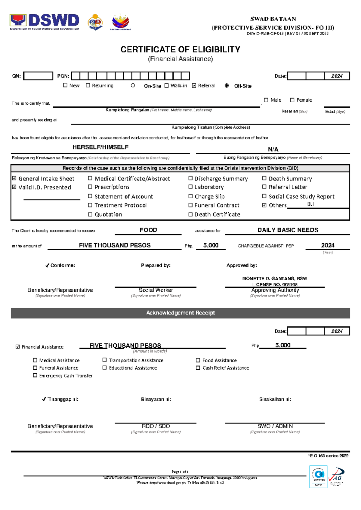 DSWD Certificate of Eligibility for Financial Assistance 2024 - Studocu