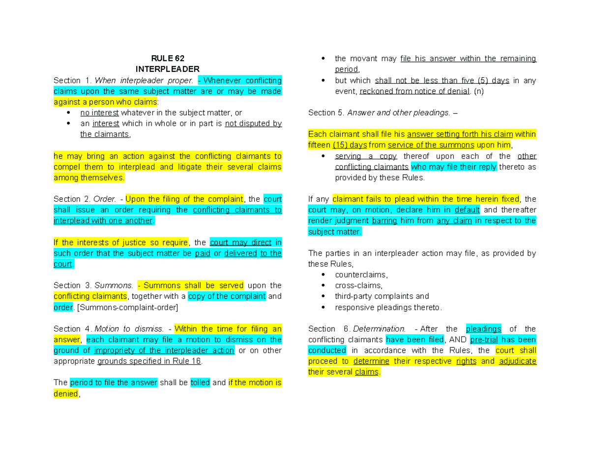 RULE 62 - aadasdada - RULE 62 INTERPLEADER Section 1. When interpleader ...