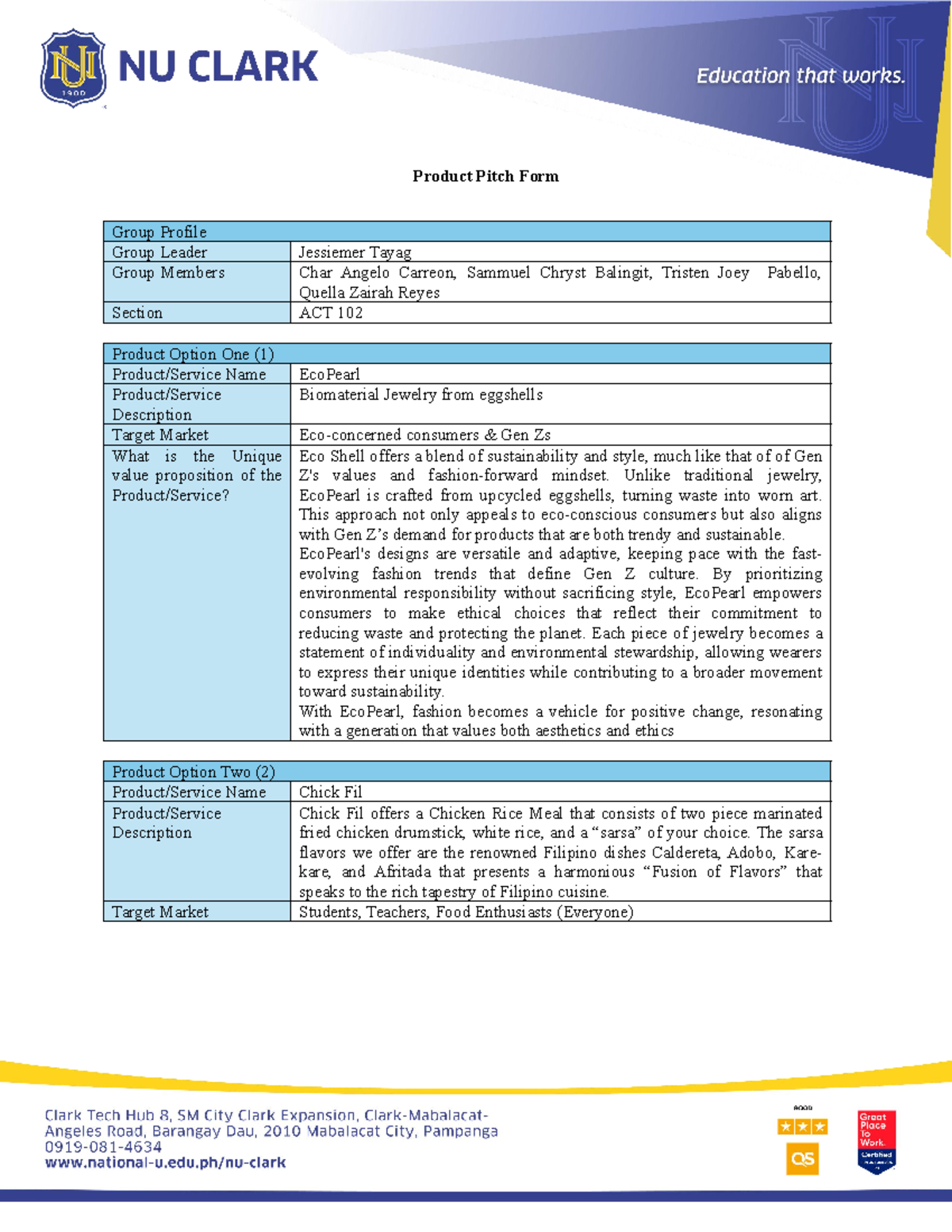 NU Clark Product Pitch Form - Product Pitch Form Product Option One (1 ...