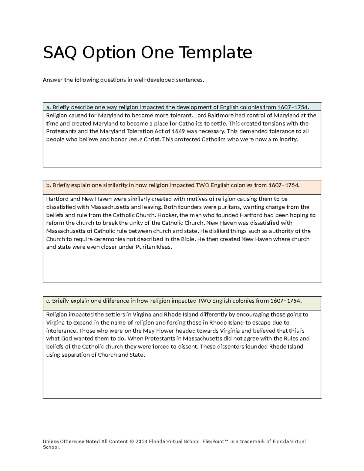 Ap us history 2.02 - SAQ Option One Template Answer the following ...