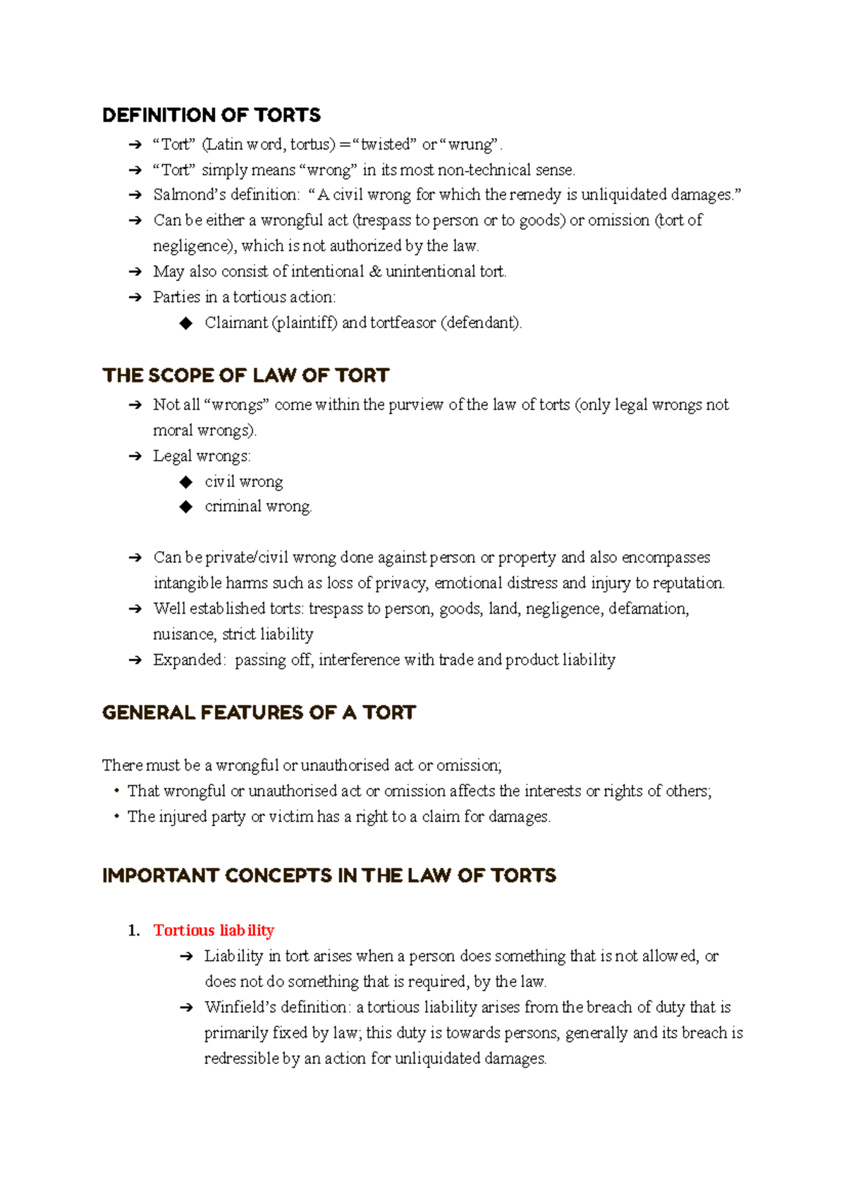 General Characteristics of Tortious Liability - DEFINITION OF TORTS ...