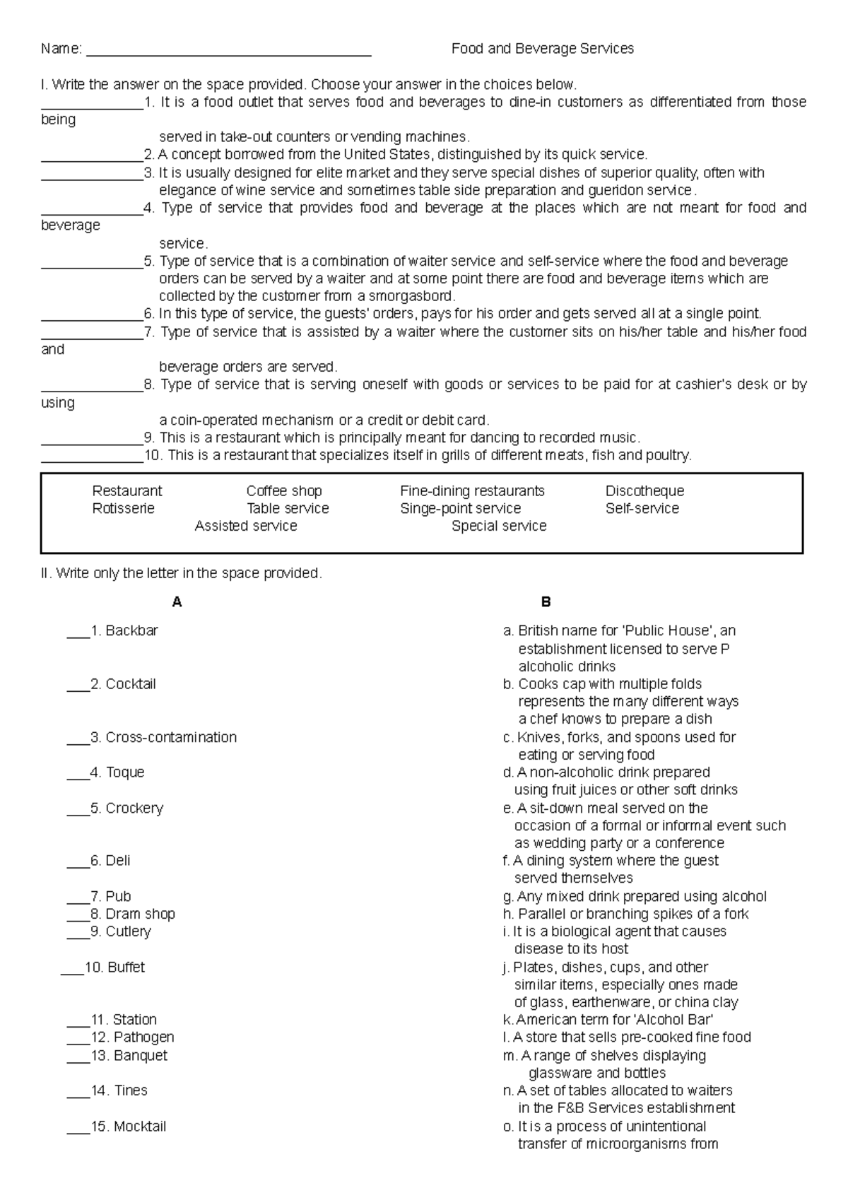 FBS- Summative Test on Food and Beverage Services Concepts - Studocu