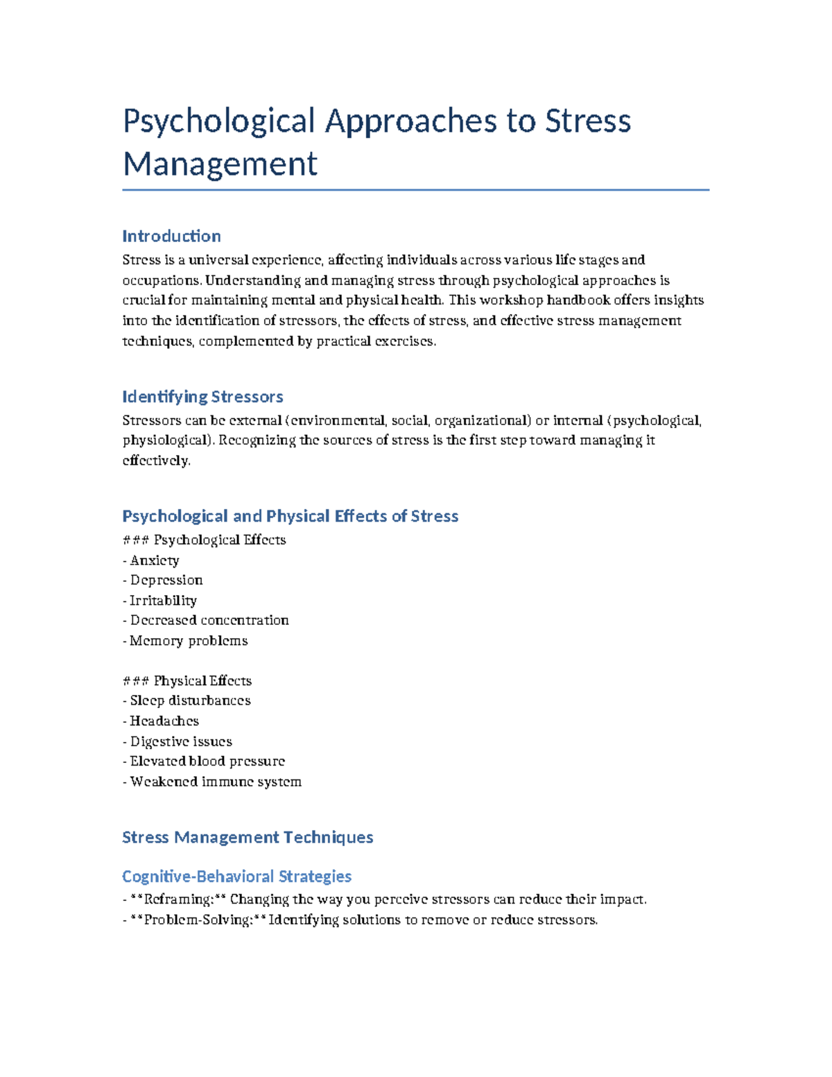 Psychological Approaches to Stress Management - Psychological ...