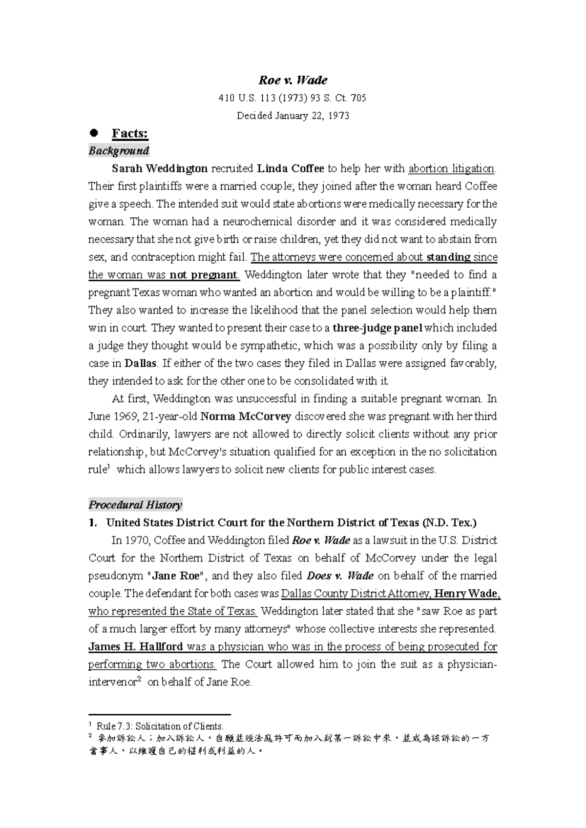 Roe v. Wade (1973) Case Brief: Key Facts & Legal Analysis - Studocu