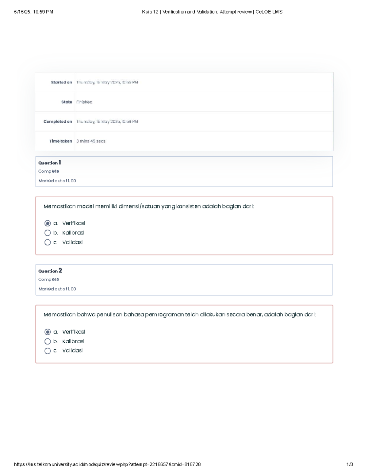 Kuis 12: Review of Verification and Validation Attempt - CeLOE LMS - Studocu