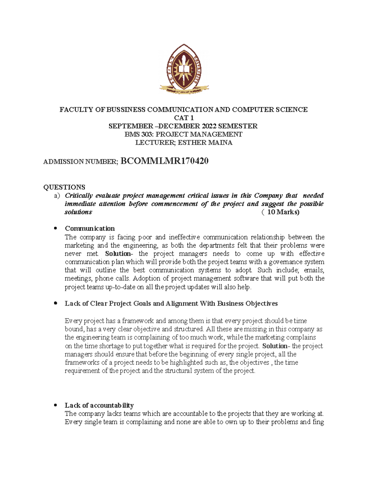 BMS 303 CAT 1 Project Management Challenges & Solutions Analysis - Studocu