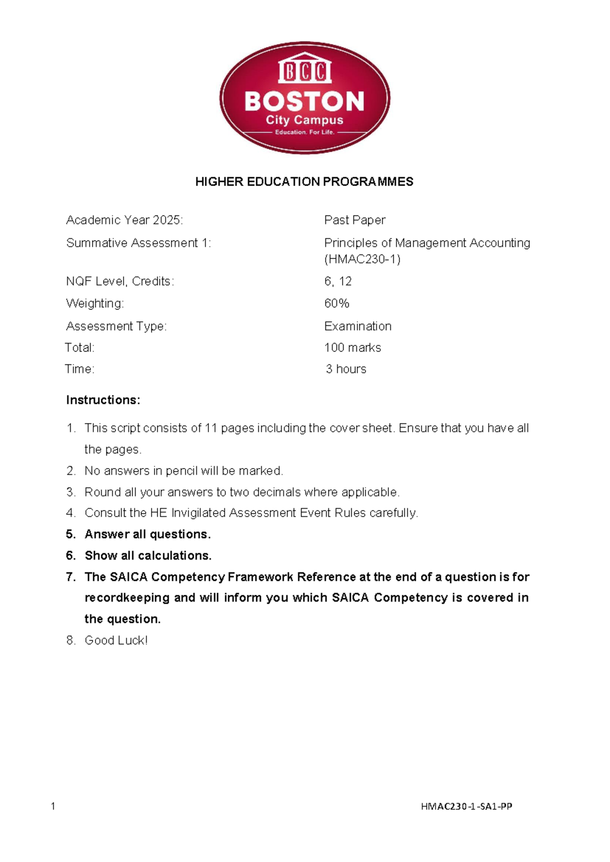 HMAC230 1 SA1 PP - Principles of Management Accounting Past Paper 2025 ...