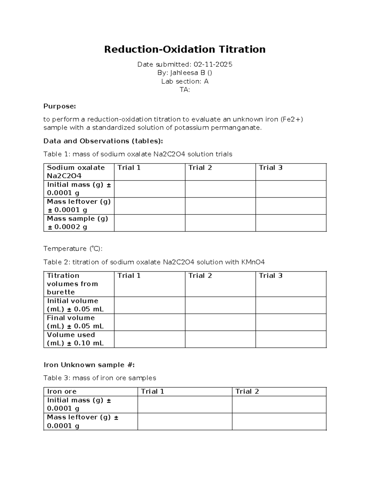 RT pre lab - Prelab - Reduction-Oxidation Titration Date submitted: 02 ...