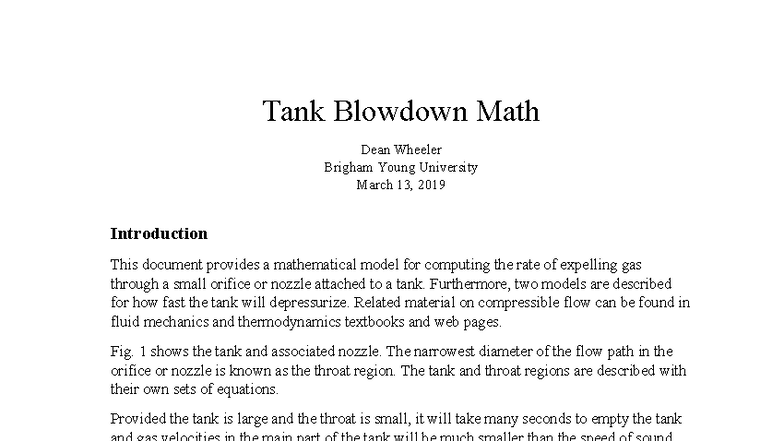 Tank Blowdown Calculations - Math Model for Gas Expulsion - Studocu