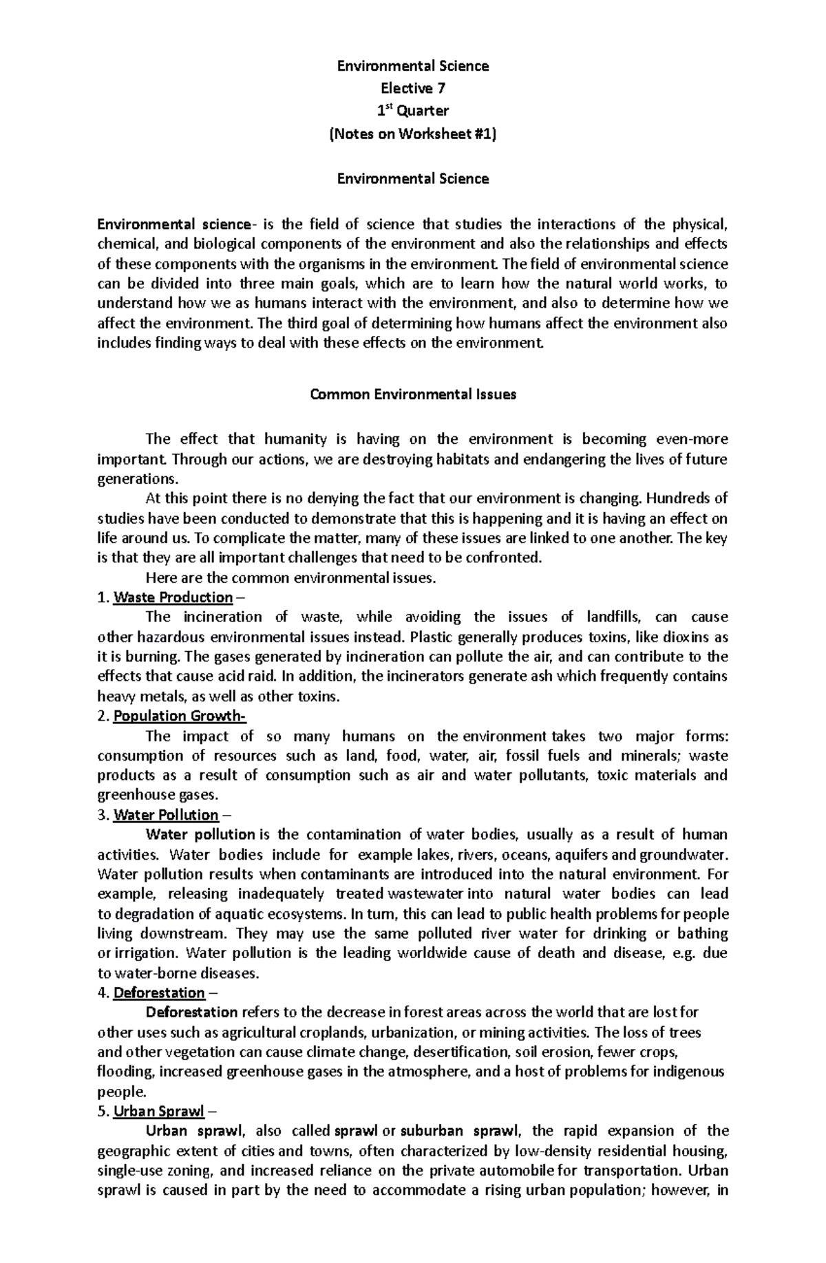 Elective 7 1st Q Worksheet 1: Common Environmental Issues Insights ...