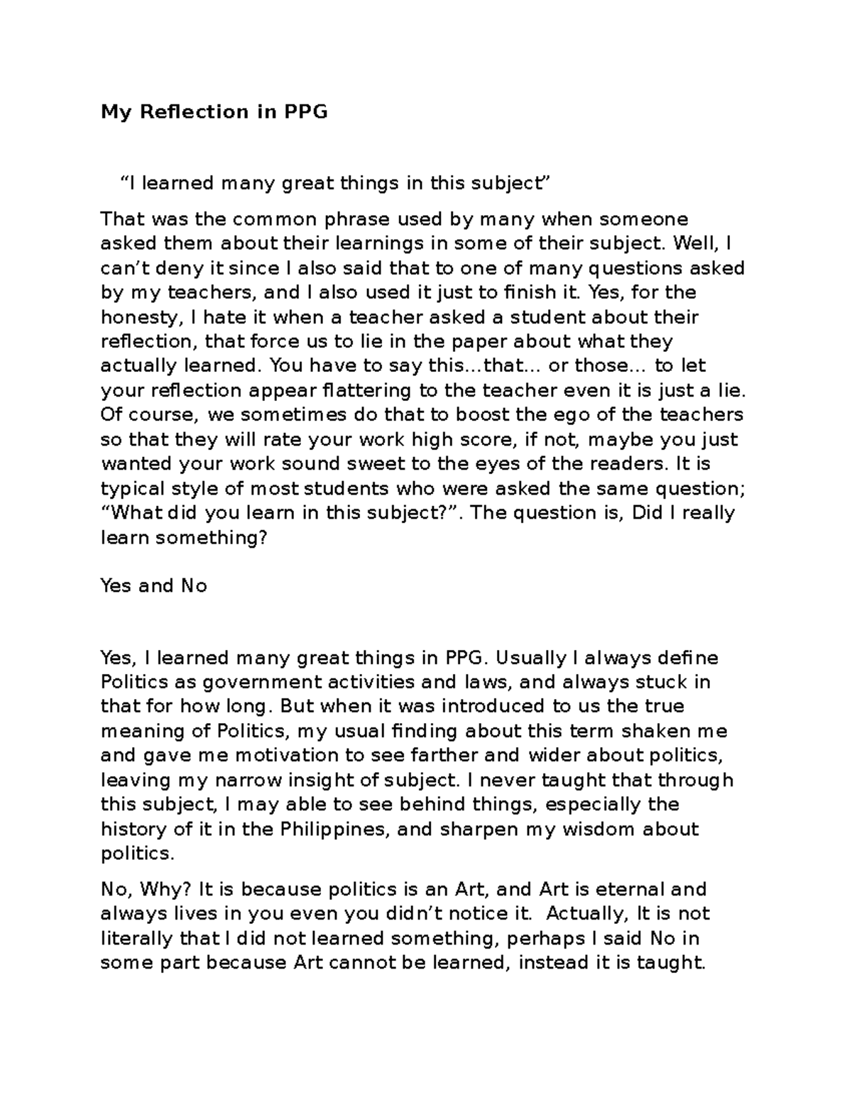 Reflection on Learning in PPG&DISS: Insights & Growth - Studocu