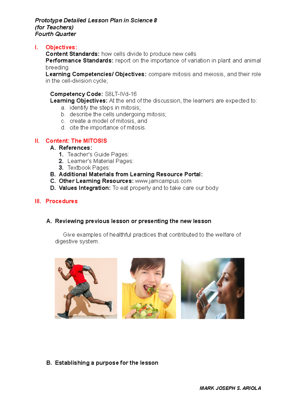 Mitosis Lesson Plan S8LT IVd - Exploring Cell Division & Its Importance - Studocu