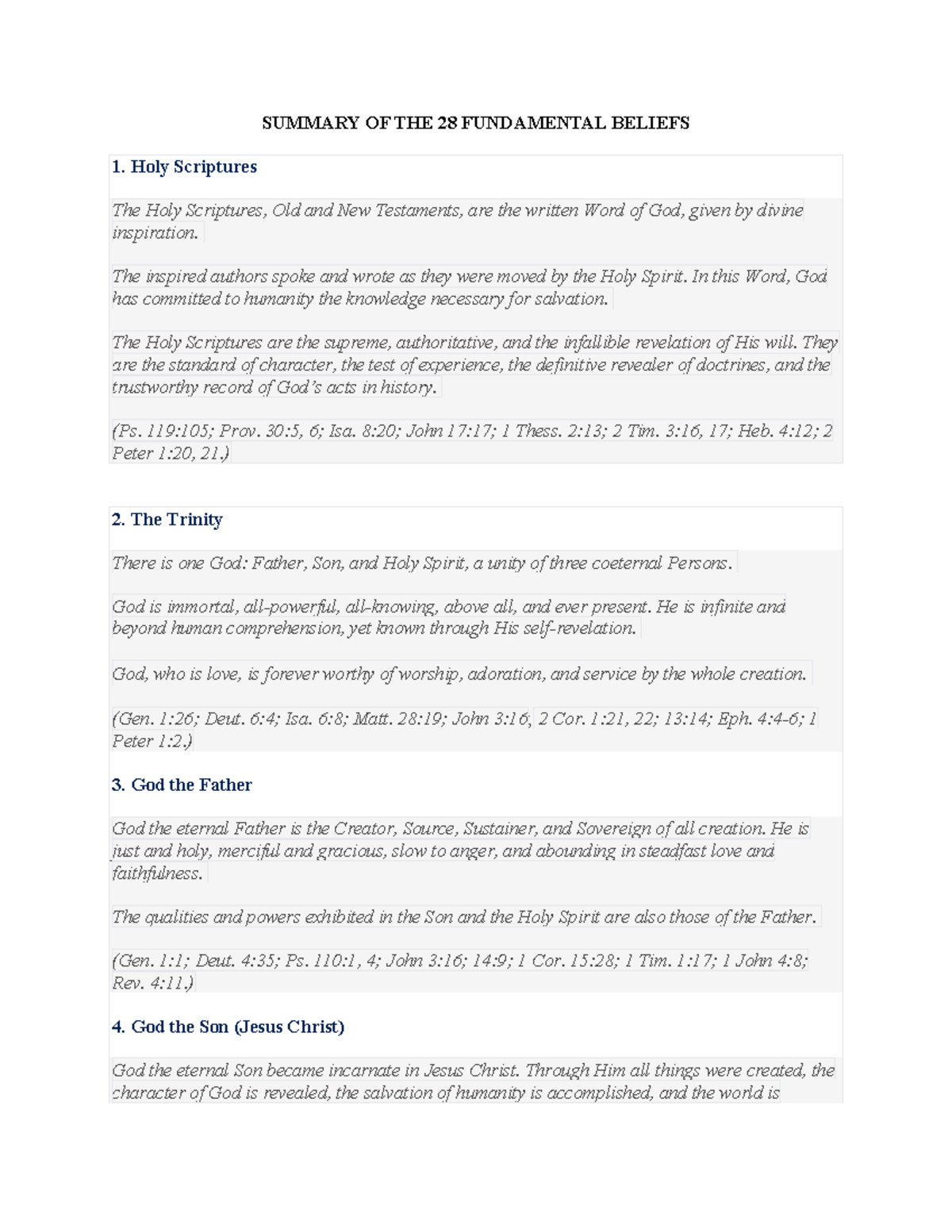 Summary of the 28 Fundamental Beliefs in Christianity - Studocu