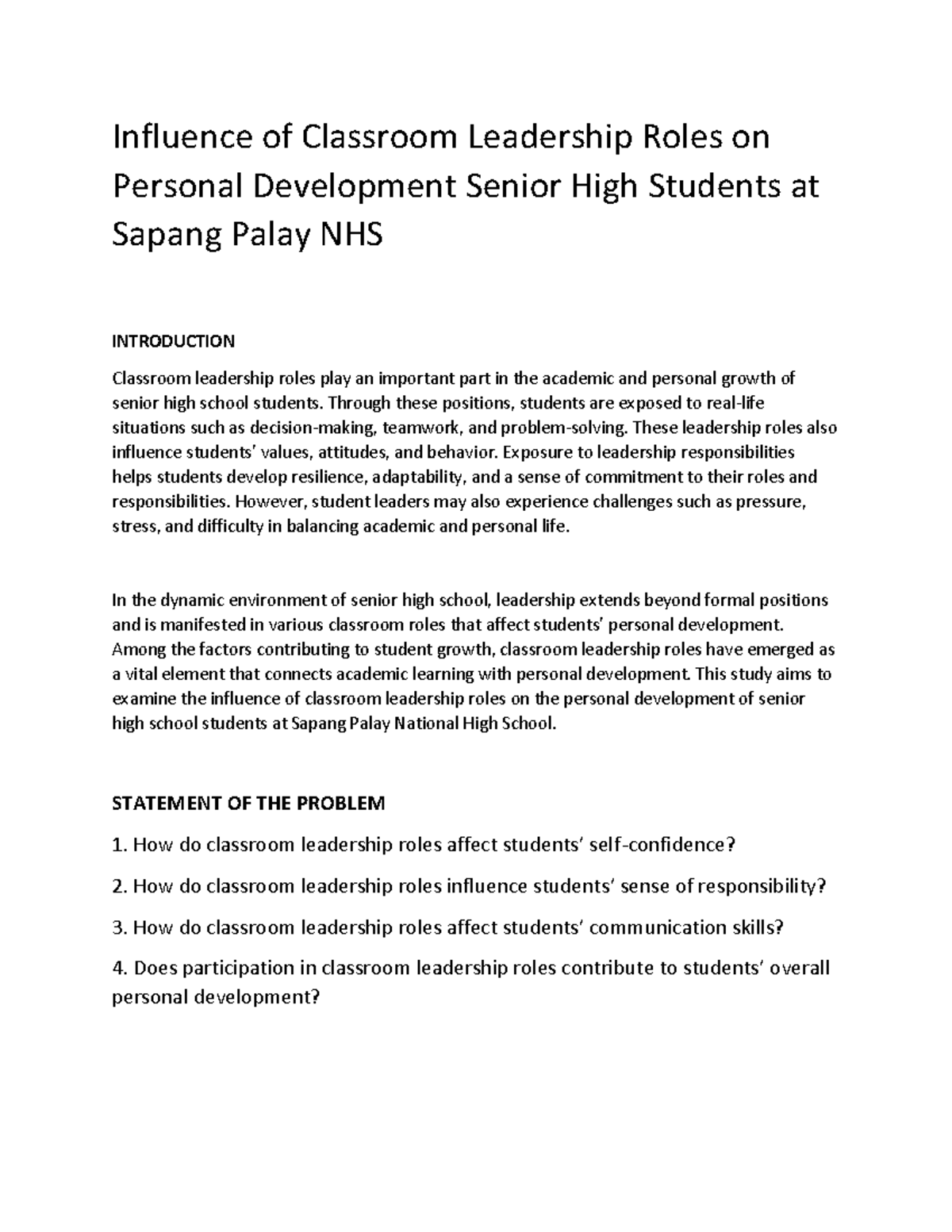 Influence of Classroom Leadership on Personal Development in SHS - Studocu