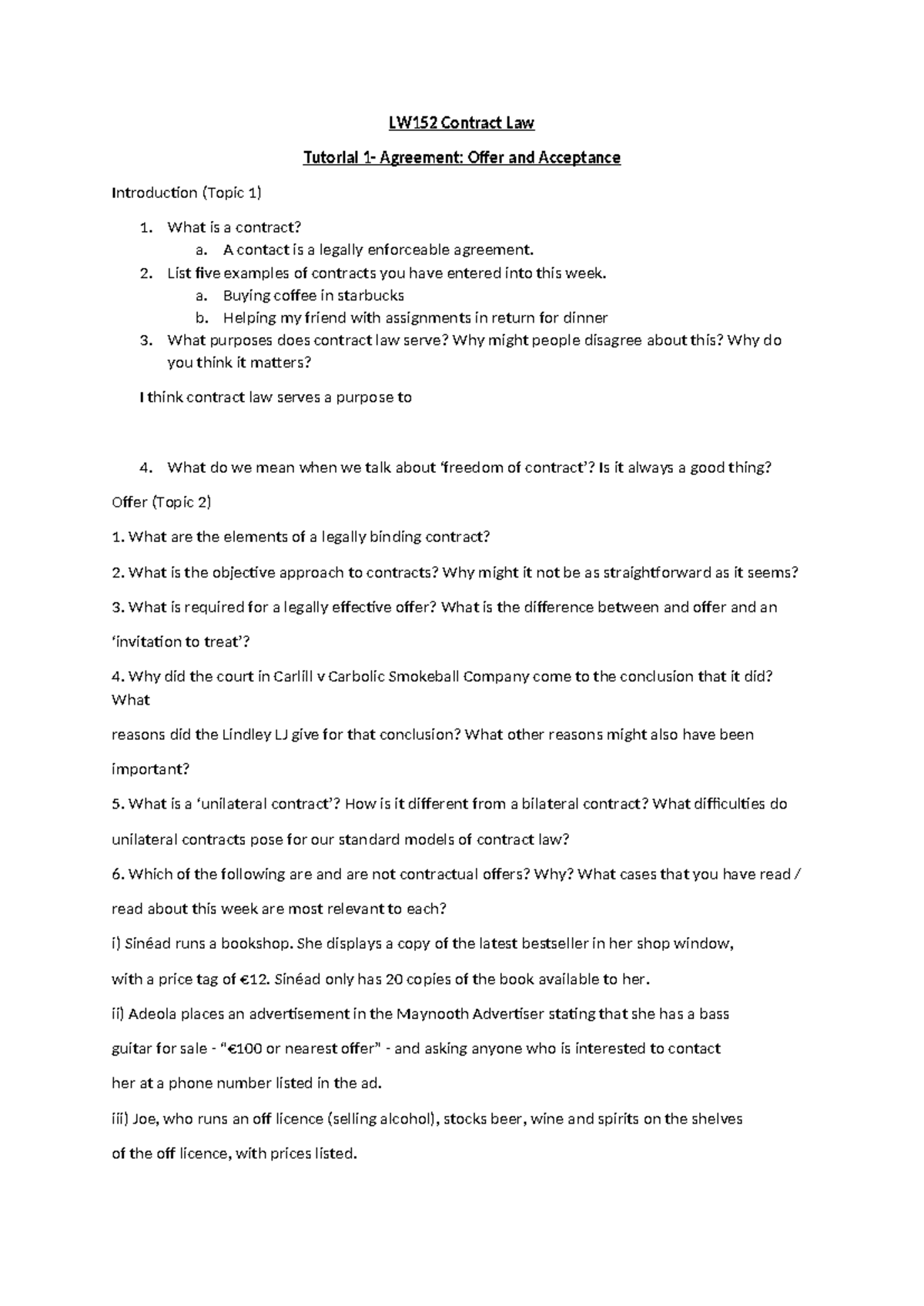 Contract Law Tutorial work 1 - LW152 Contract Law Tutorial 1- Agreement ...