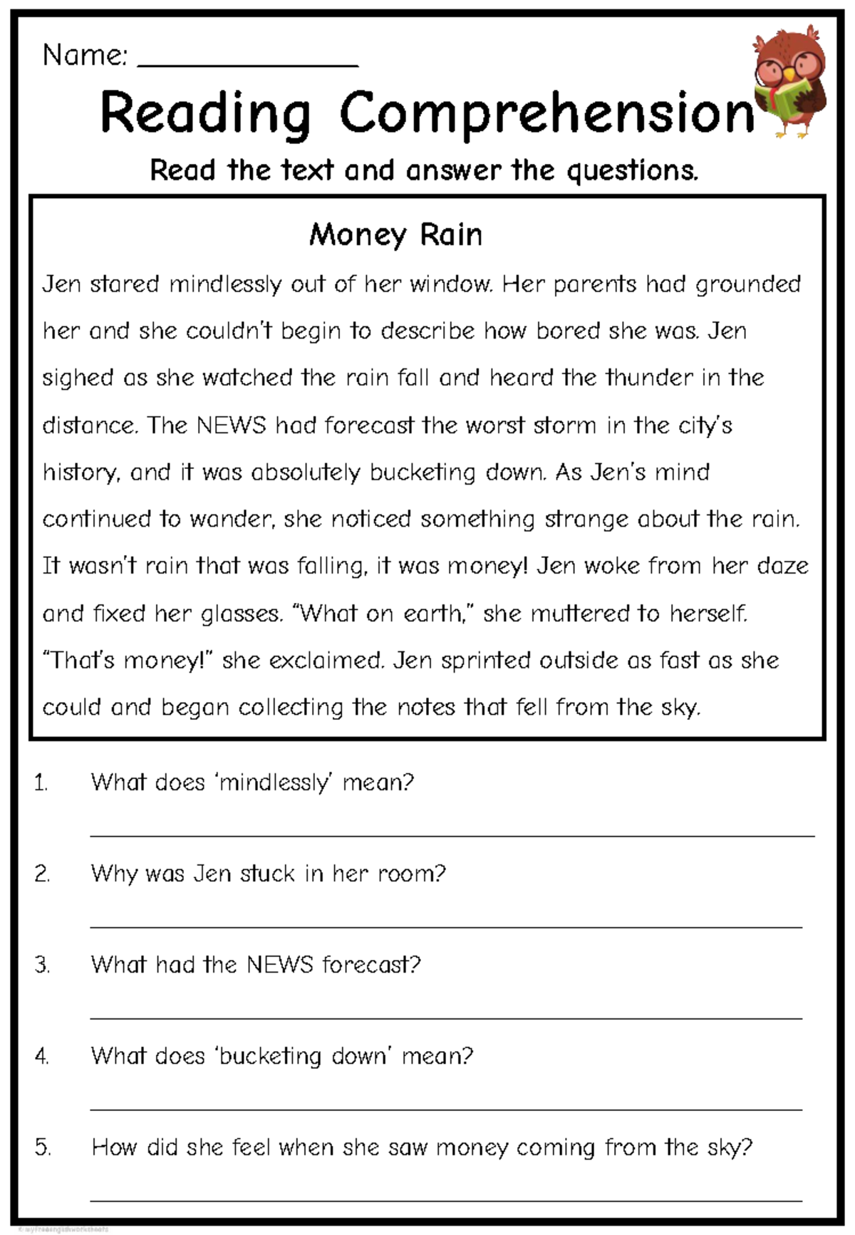 Reading Comprehension Grade 3: Money Rain Questions & Answers - Studocu
