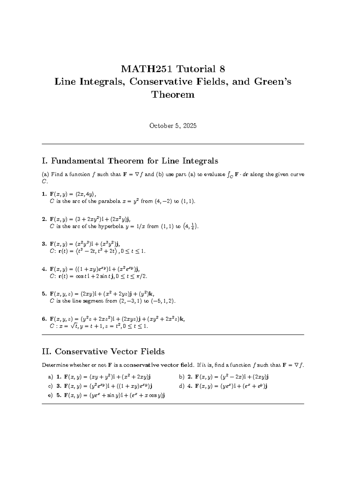 MATH251 Tutorial 8 - Line Integrals & Conservative Fields - Studocu
