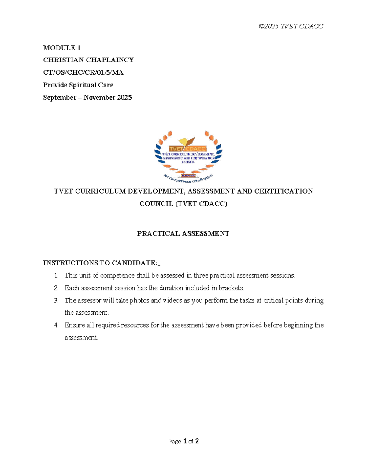 TVET CDACC Module 1: Practical Assessment for Spiritual Care - Studocu