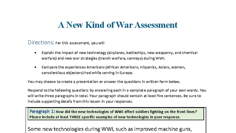 WWI Assessment: Tech Impact & Diverse Soldier Experiences - Studocu