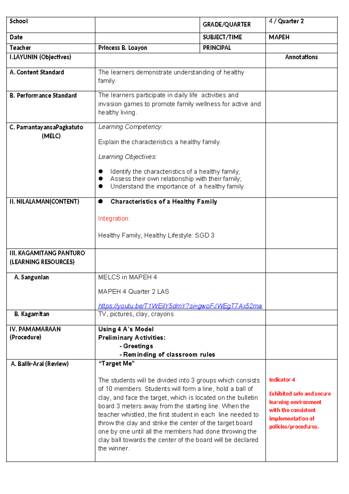MAPEH 4 Quarter 2 Lesson Plan: Characteristics of a Healthy Family ...