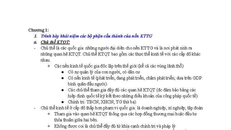 Đề cương Kinh tế Quốc tế: Chương 1 - Chủ thể và Quan hệ KTTG - Studocu