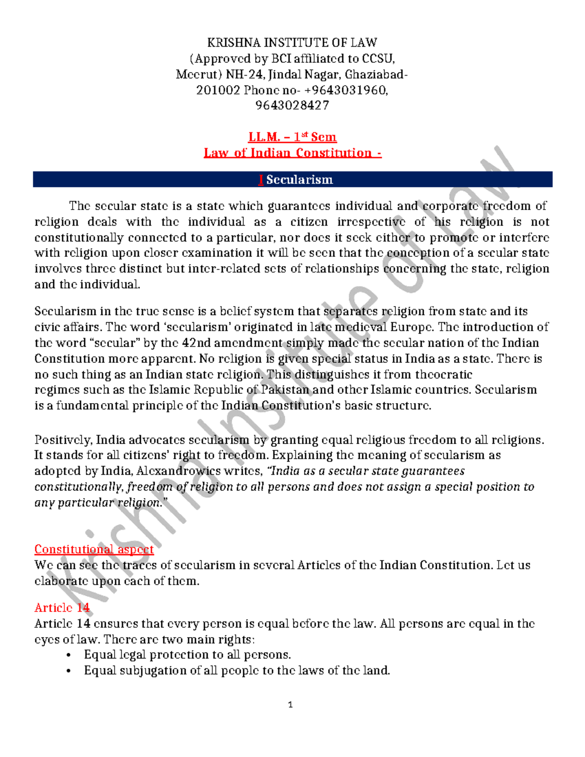 LL.M. 1st Sem: Indian Constitution I - Understanding Secularism - Studocu