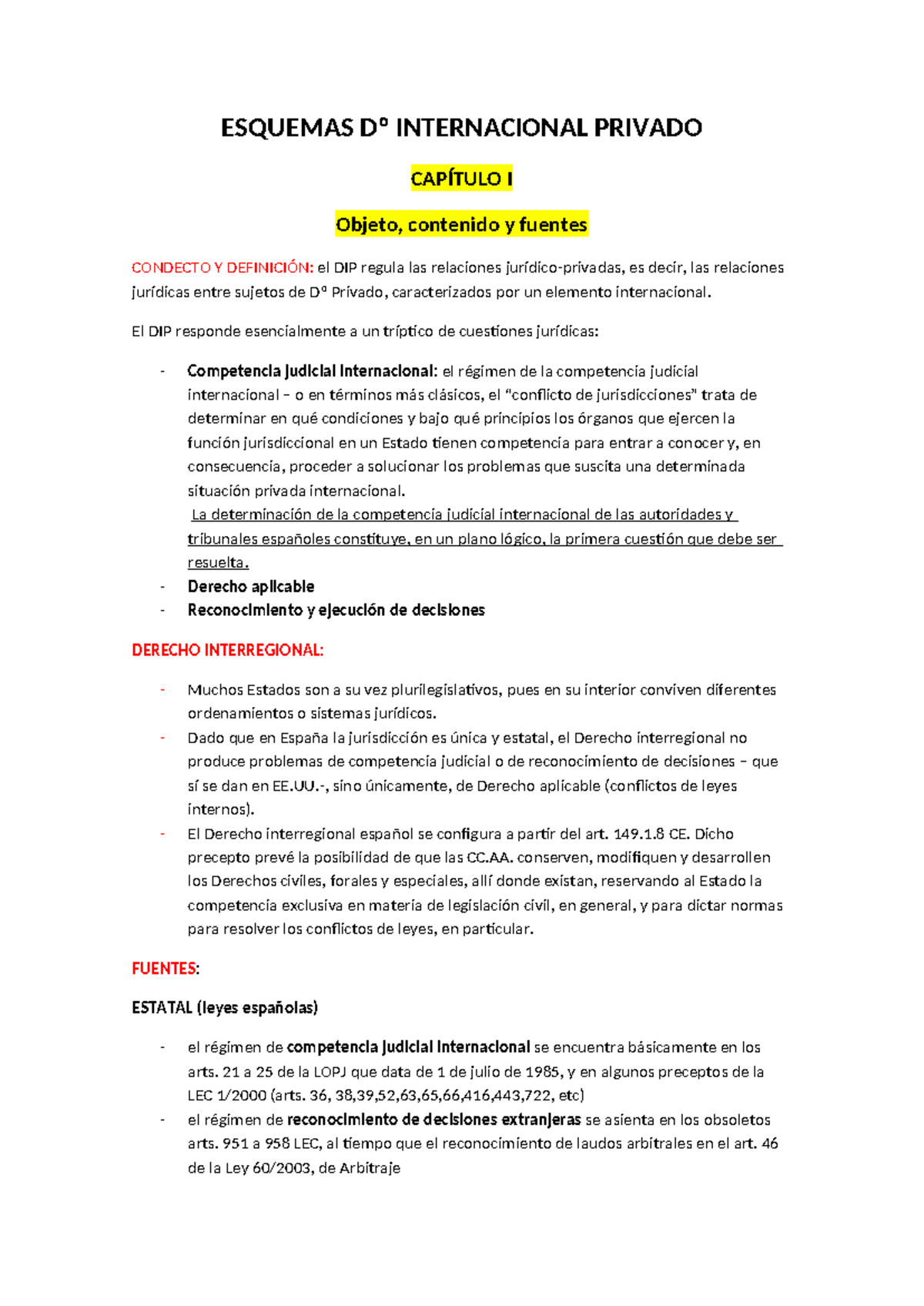 ESQUEMA Dº INTERNACIONAL PRIVADO: CAPÍTULO I - Fuentes y Competencia ...