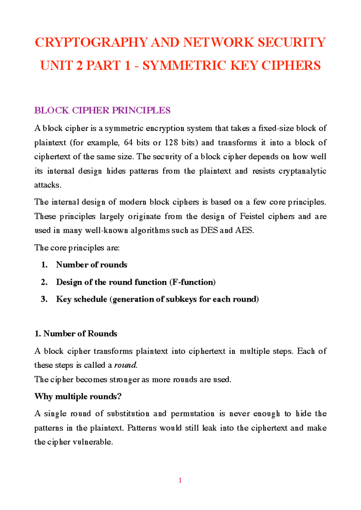 R22 Cns Unit 2 Symmetric Key Ciphers Block Cipher Principles Studocu