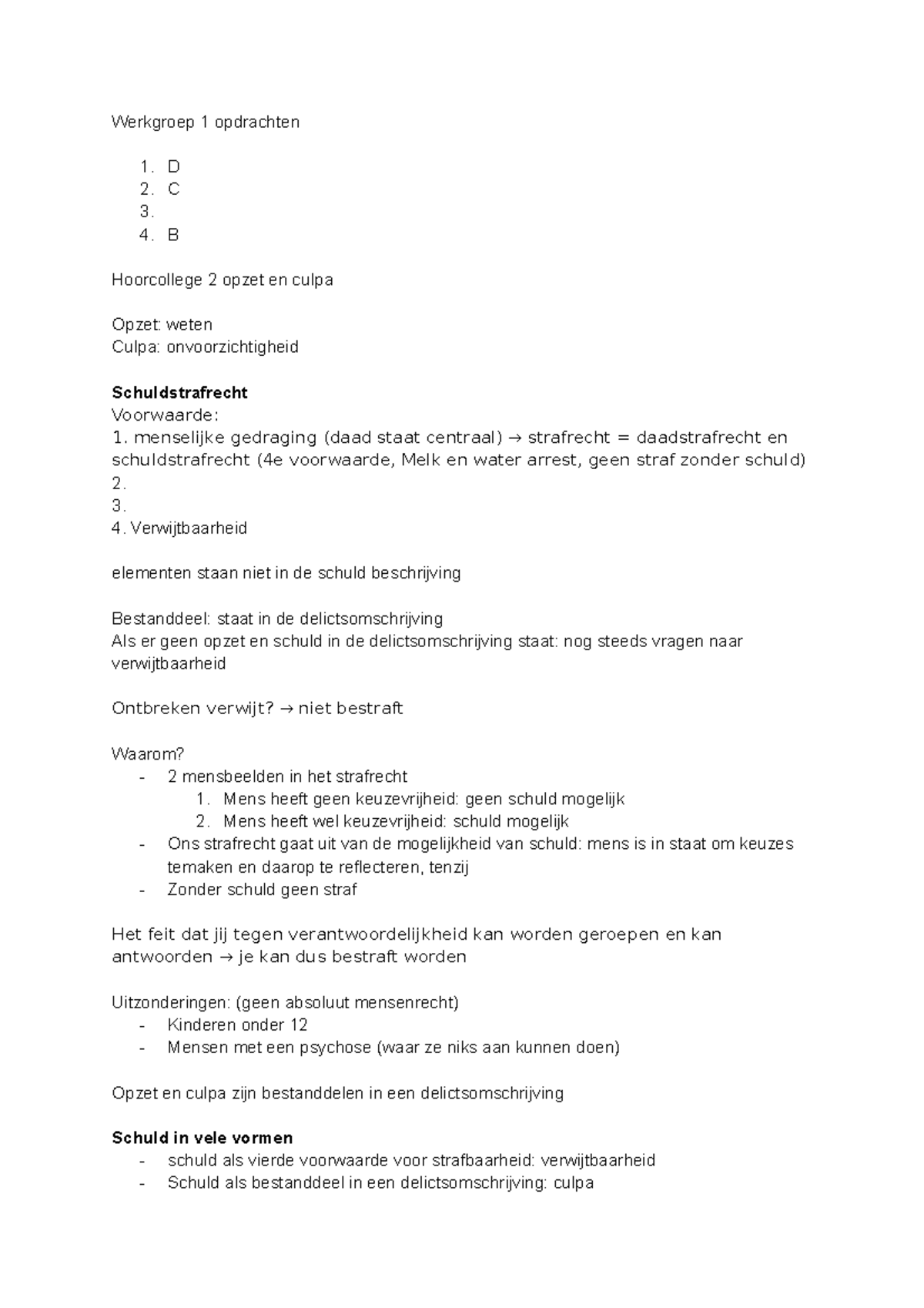 Inleiding Strafrecht: Opzet, Culpa en Schuld - Werkgroep 1 & 2 ...